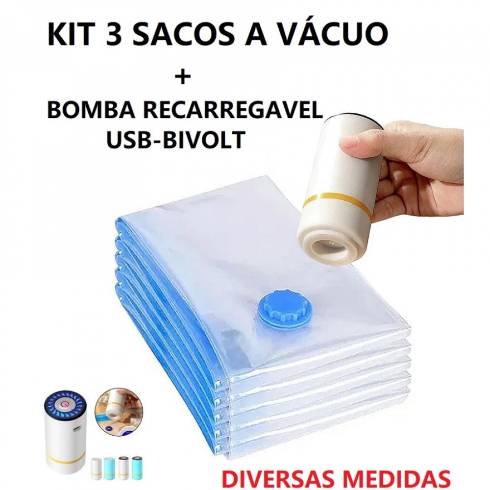 Kit com 03 Sacos à Vácuo + Bomba de Ar Elétrica - Tempero do Lar