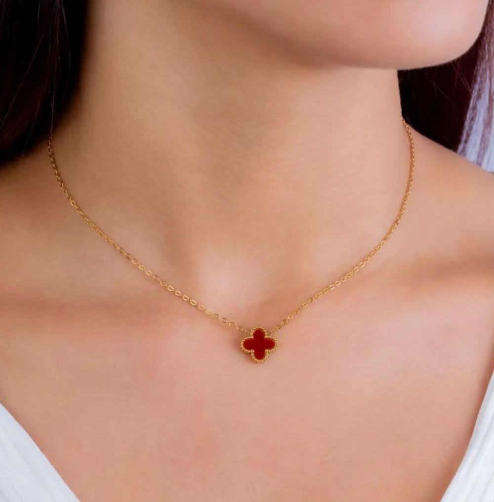 COLAR AÇO INOX / BANHO DOURADO,TREVO VINHO RESINADO 45CM - Tauil Semijoias