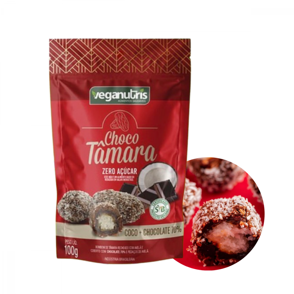 BOMBOM VEGANO DE TÂMARA SABOR COCO + CHOCHOLATE 70% CHOCOTÂMARA ...