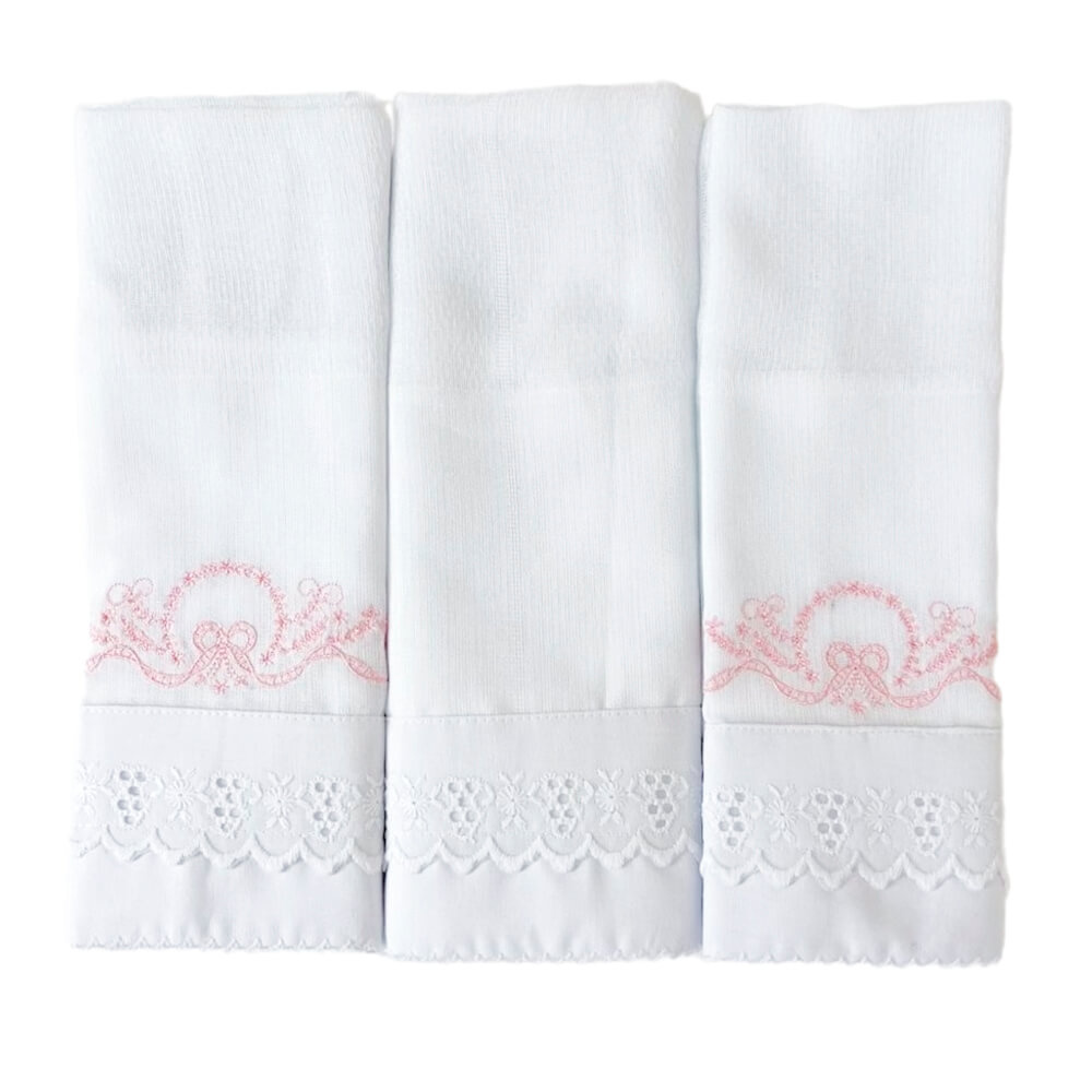 Conjunto 3 Fraldas para Bebê Cremer Luxo Bordado Laço Rosa - Baby ...