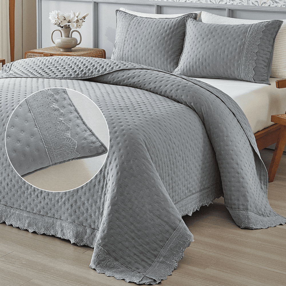 Kit Colcha Queen 300 Fios Lese Grafite Bordado Inglês 3 Peças Verona ...