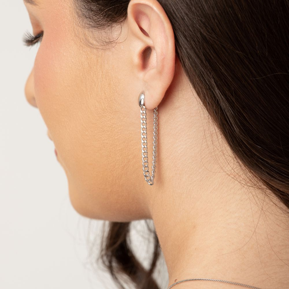 Brinco Hear Hook com Corrente folheado em ródio branco - Bem Dália