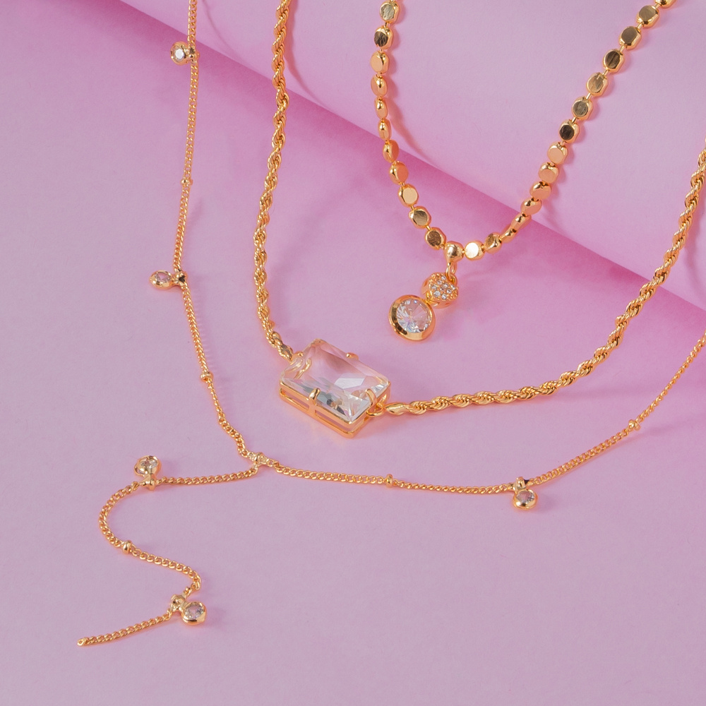 Mix Colar Medalhas Minimalistas Pingentes Zircônia Ouro 18K - Bem Dália