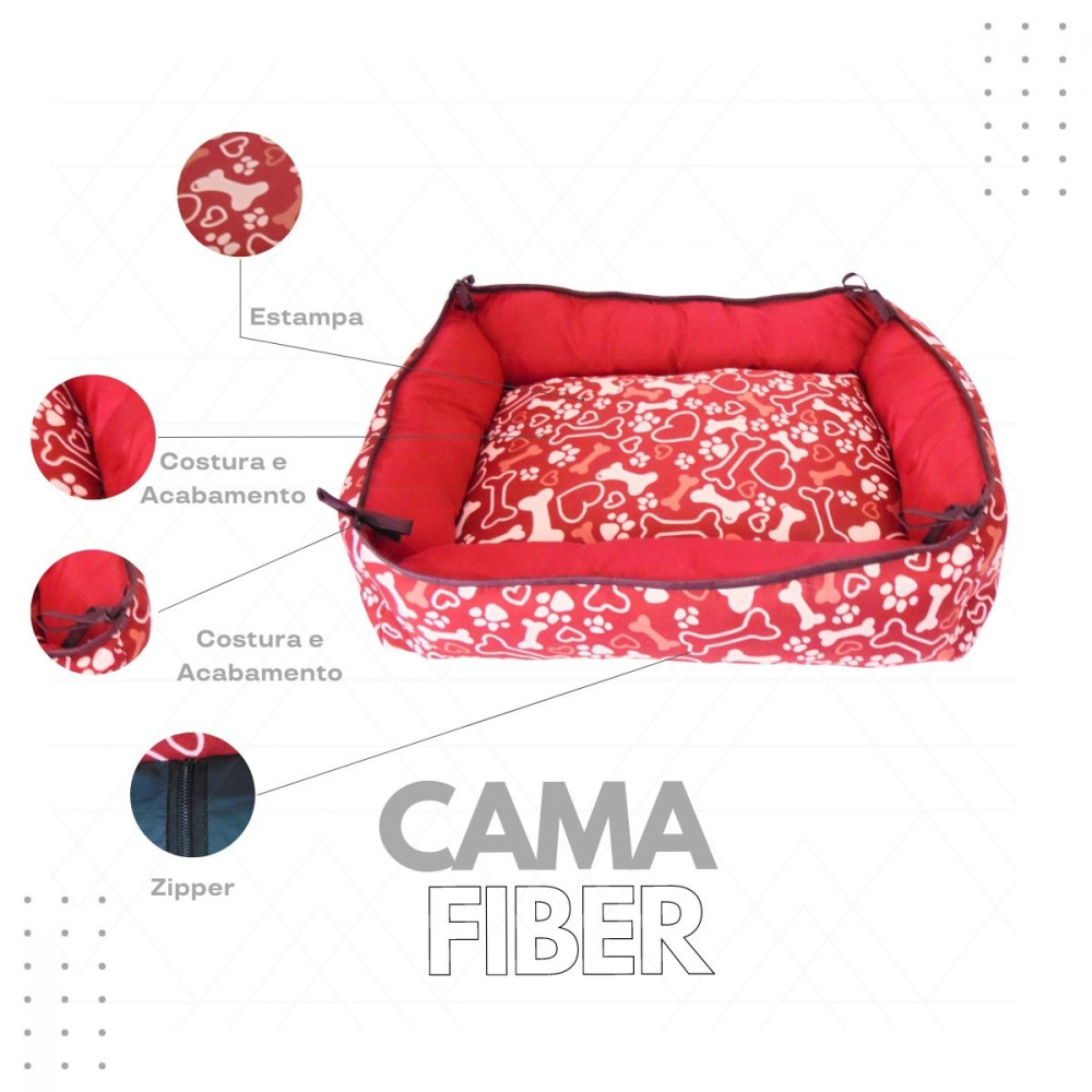 Cama Fiber - Estampa Vermelha com Ossinho - Cães e Gatos - P - 2beshop