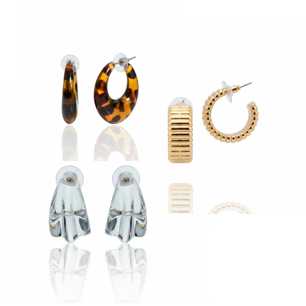 Kit com 3 Pares de Brincos em Formato Argola Orgânica Lisa Resinada e ...