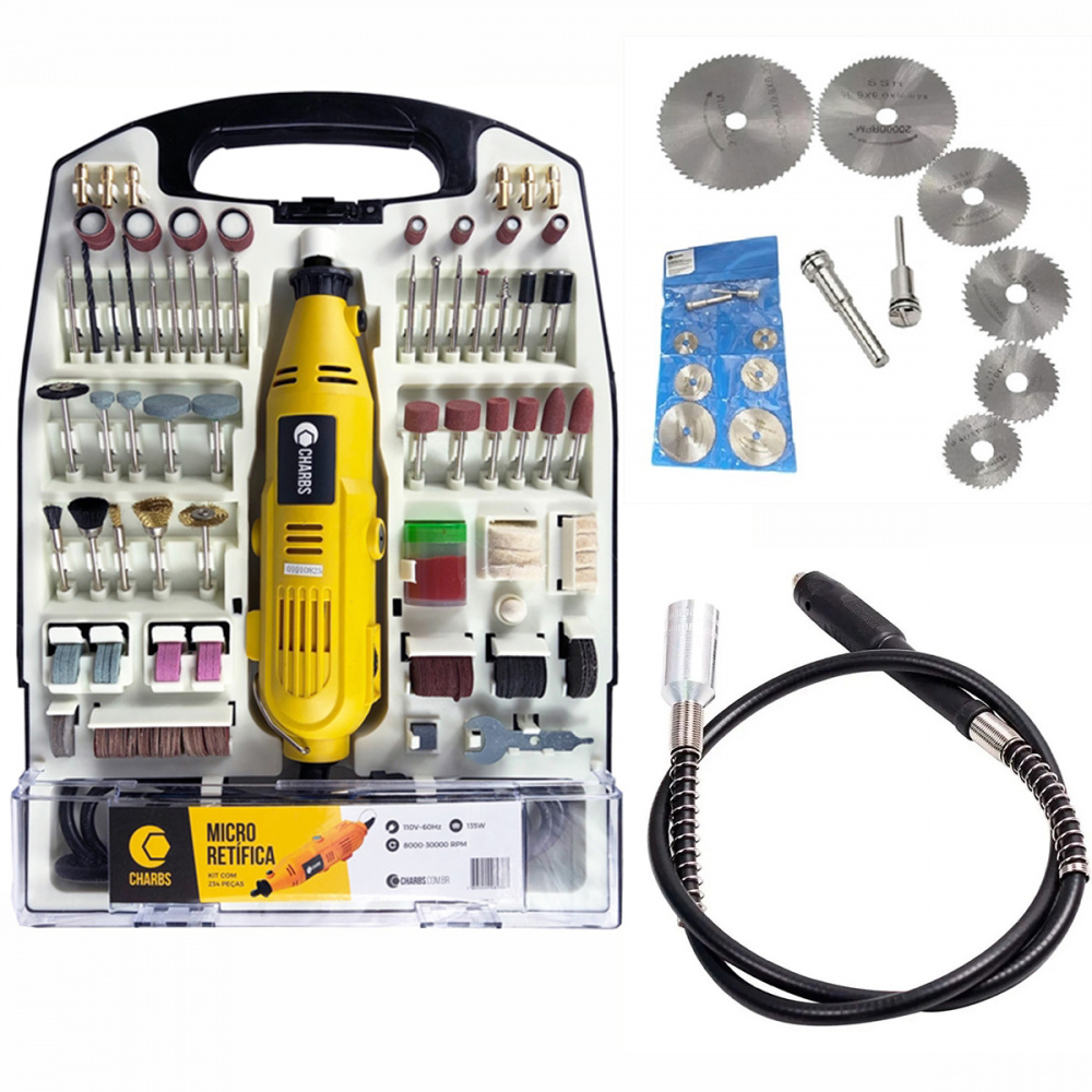 Micro Retífica com 234 Acessórios + Chicote + Lâminas - 220V - Charbs