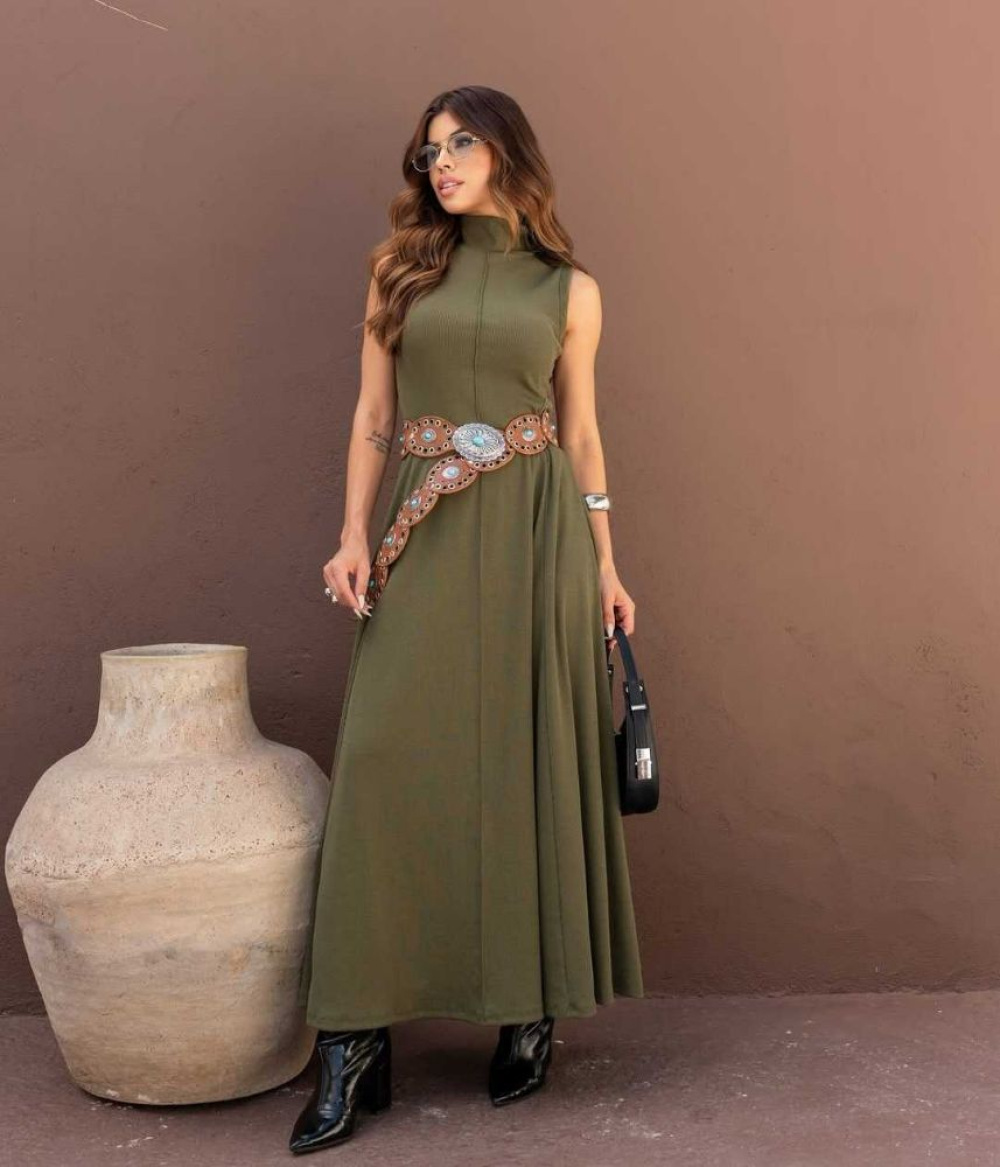 Vestido longo tecido ribana - Charm Store