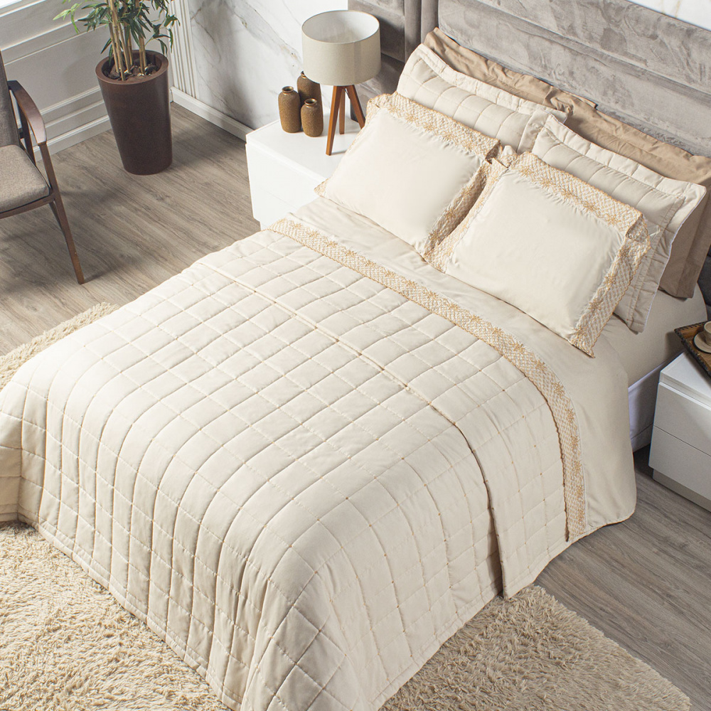 Jogo de Lençol Bordado Percal 200 Fios Casal King 4 peças Palha com ...