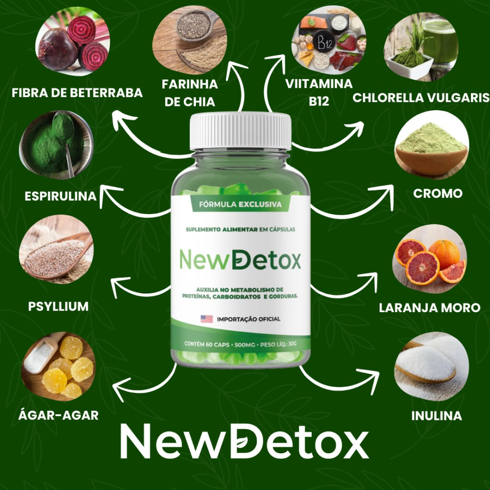 New Detox, Suplemento Alimentar, 60 Cápsulas de 500mg + 1 Frasco de ...