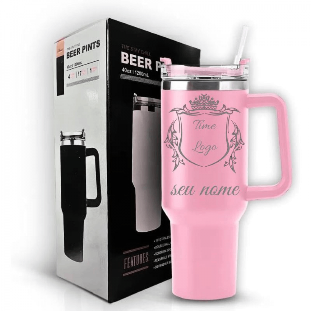 Copo Térmico Com Tampa e Canudo Personalizado Rosa - Shop da Utilidades
