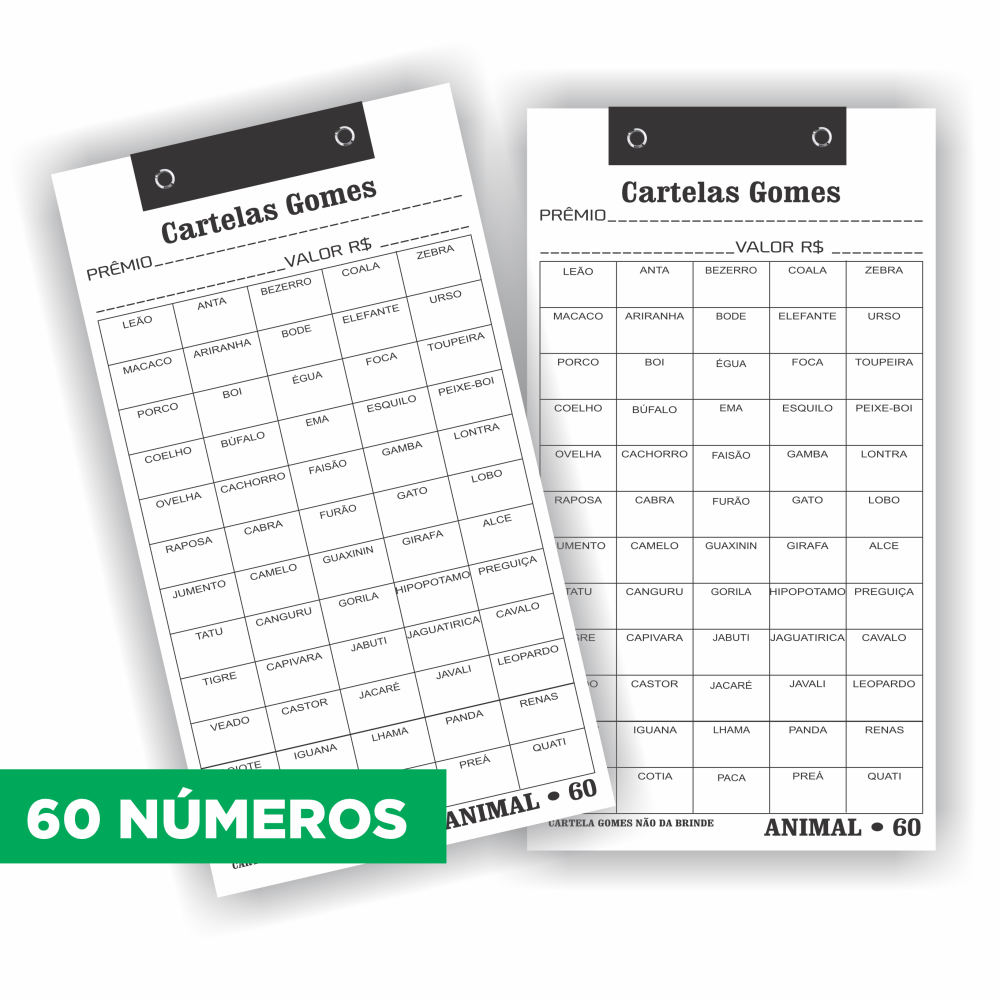 Cartela de rifa com 60 números 100 un Cartelas Gomes - FG Impressos