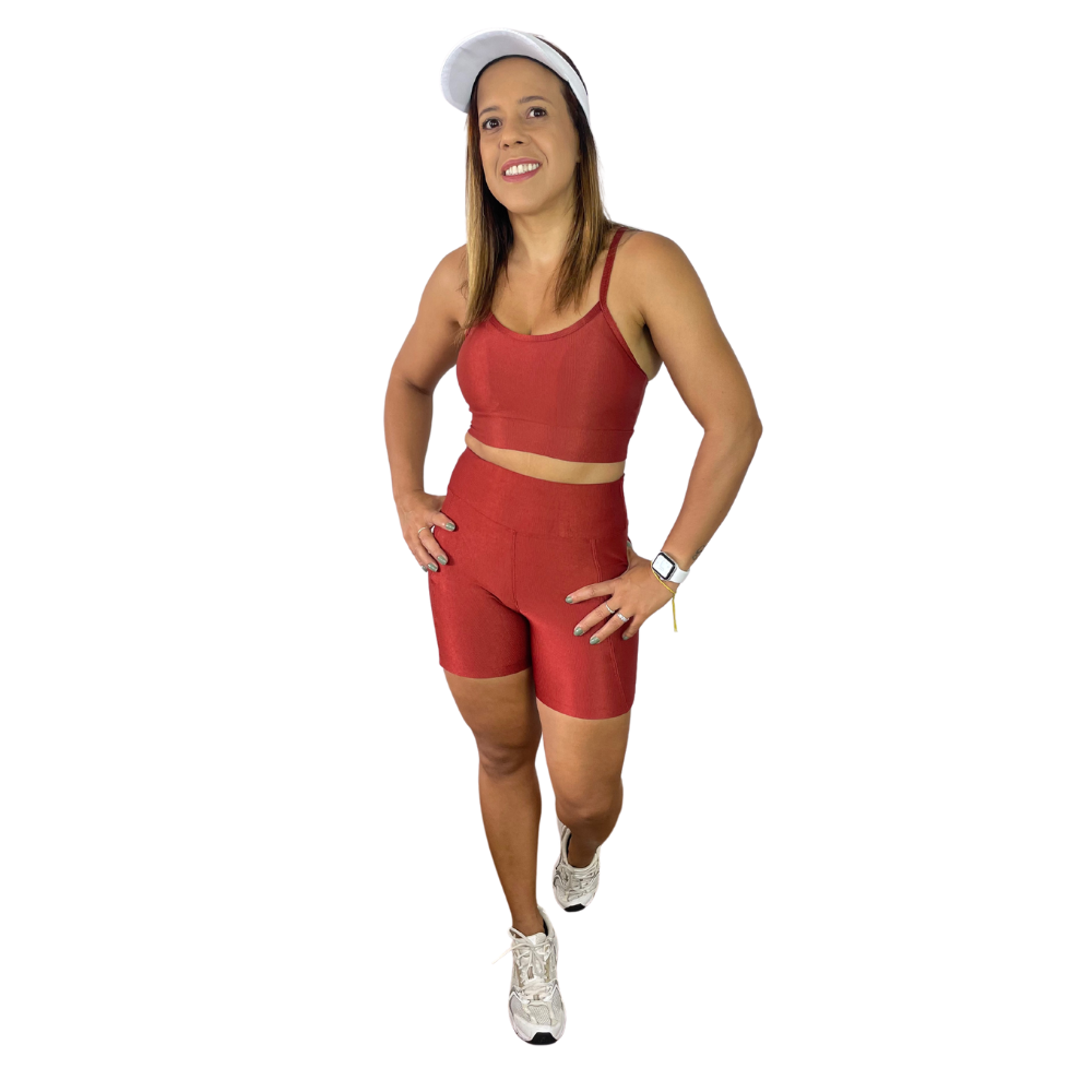 Conjunto Carol Short com Bolso e Top Canelado Terracota - Fit by Porto
