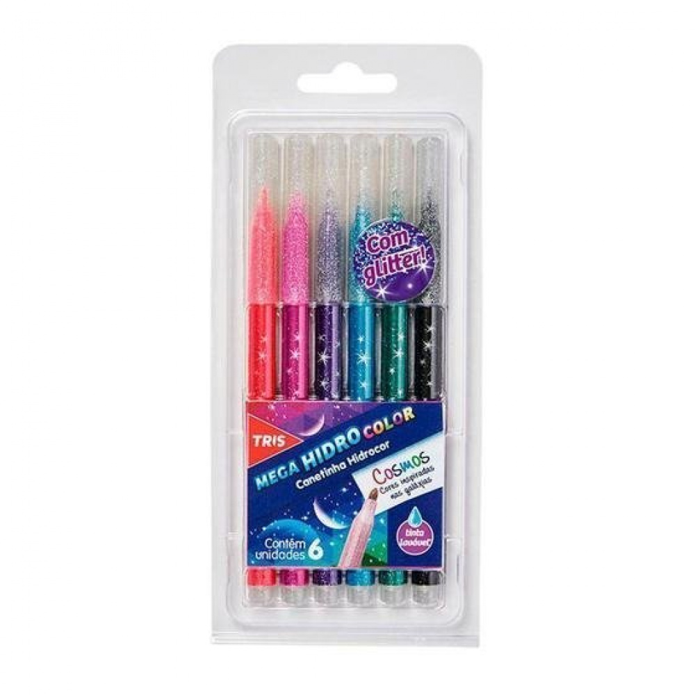 CANETINHA HIDROCOR PF MEGA COSMOS 6 CORES - Happy Papelaria
