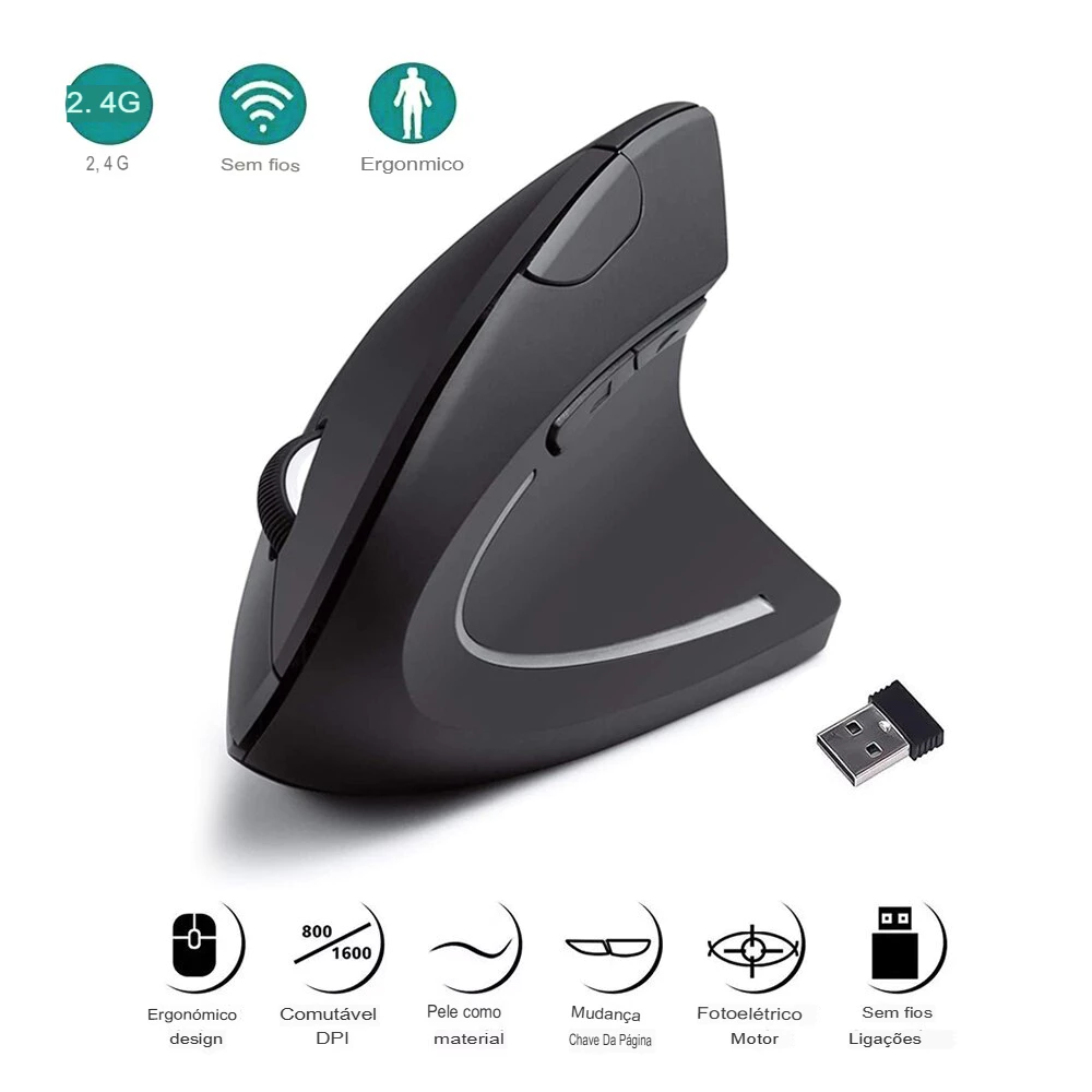 Mouse Vertical Ergonômico 2.4GHz Mouse Sem Fio 3 Ajustável DPI 800/1200 ...