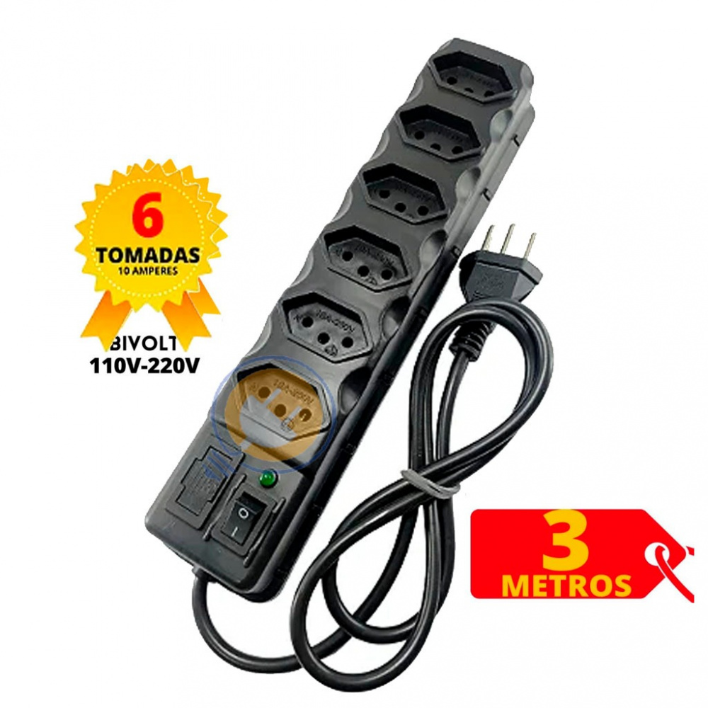 Régua Extensão Elétrica 6 Tomada Filtro Linha Bivolt+ segurança para a ...