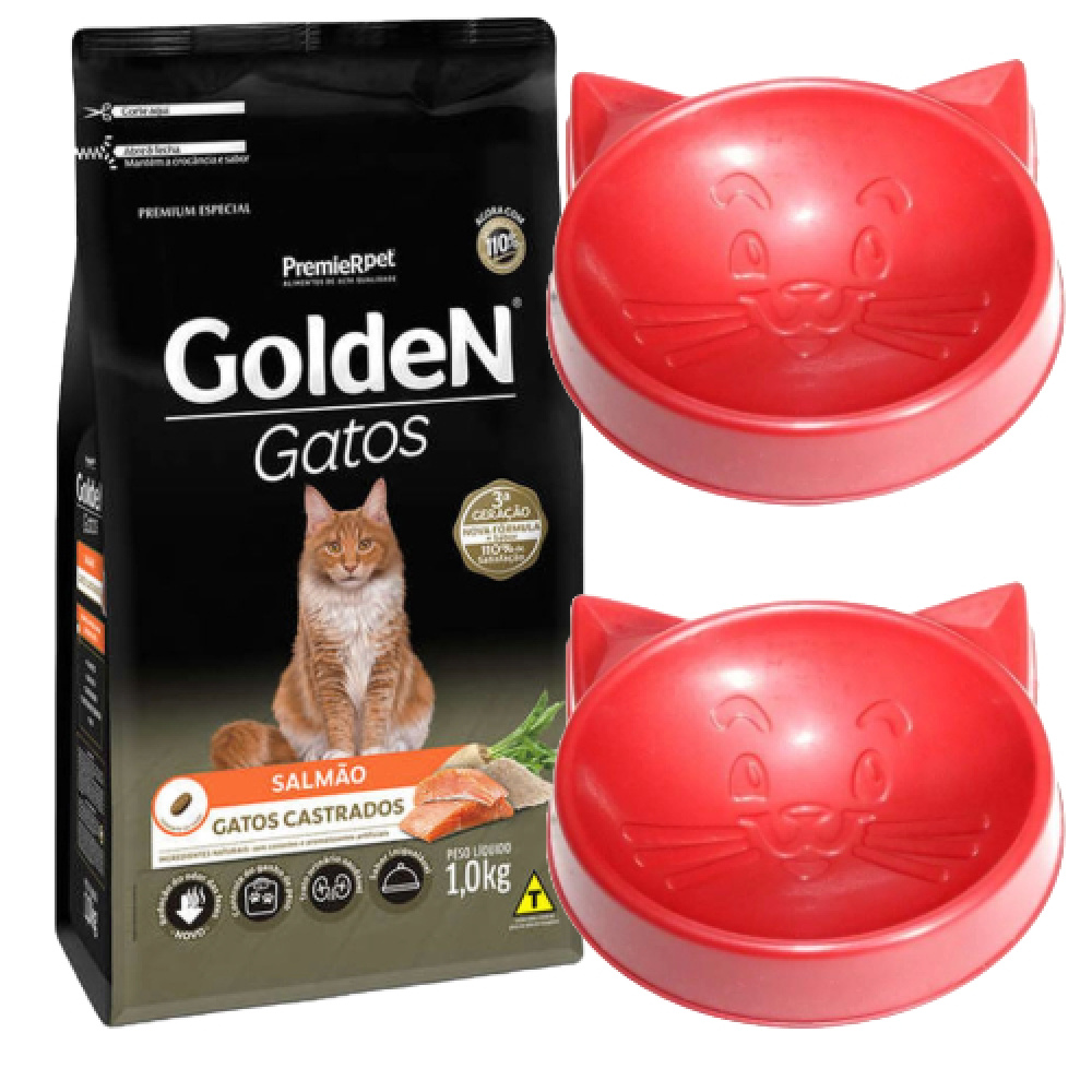 KIT COMEDOURO CARA DE GATO GOLDEN GATOS CASTRADOS SALMÃO - Kão e Gatto