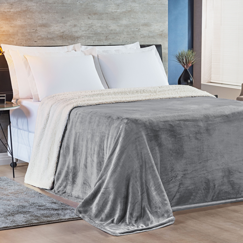 Cobertor King Alaska Dupla Face Manta Flannel Sherpa Lã De Carneiro Cinza - Linda Casa - Cama ...