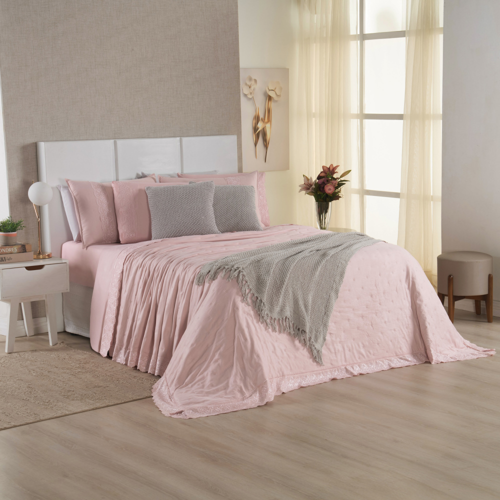 Kit Cama Posta Queen Serena 10 Peças Percal 300 Fio Bordado Inglês Rosê ...