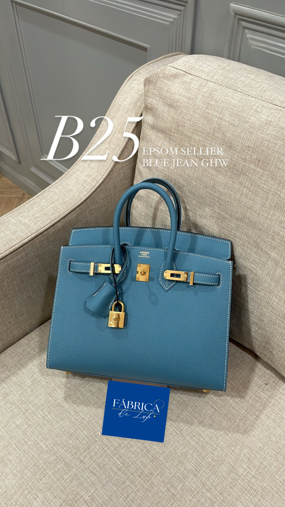 Bolsa Hermes Birkin 25 Epsom Azul Claro - Fábrica de Luxo - Fábrica de Luxo