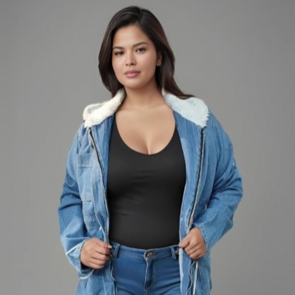 Jaqueta Jeans com Interior de Pelúcia e Capuz - Luar Cristal Modas