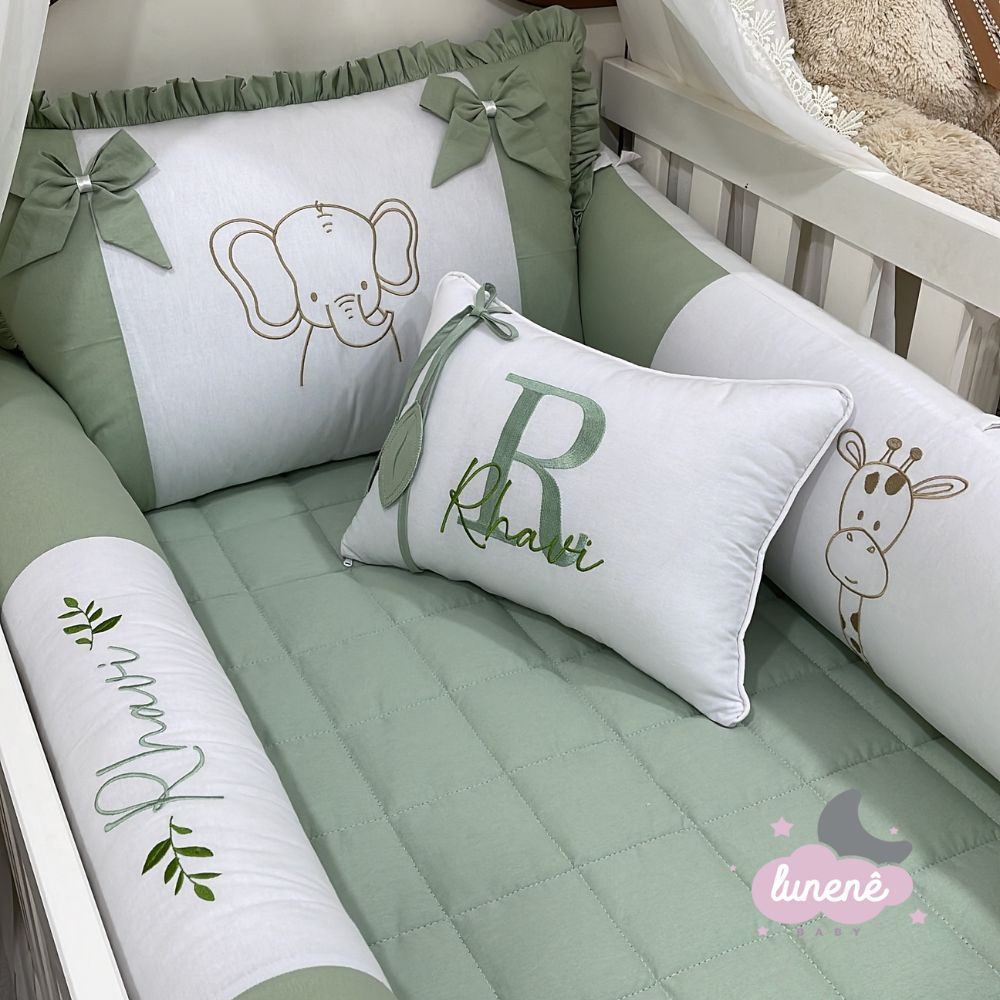 Enxoval de Berço Personalizado 08 Peças Baby Branco e Verde - Lunenê Baby