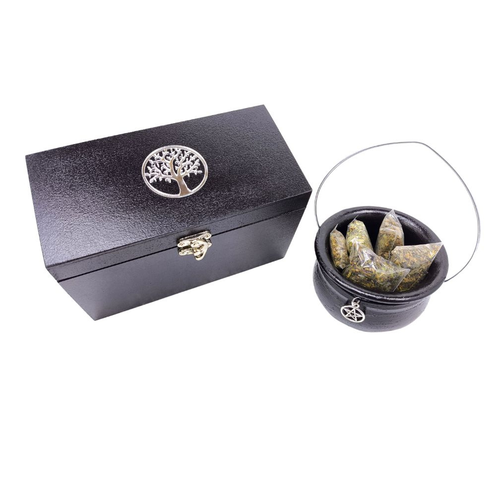 Mini Baú Árvore da Vida Espelhado Bruxa Wicca + Mini Caldeirão + Herbário - 30 Unidade - Magia Wicca