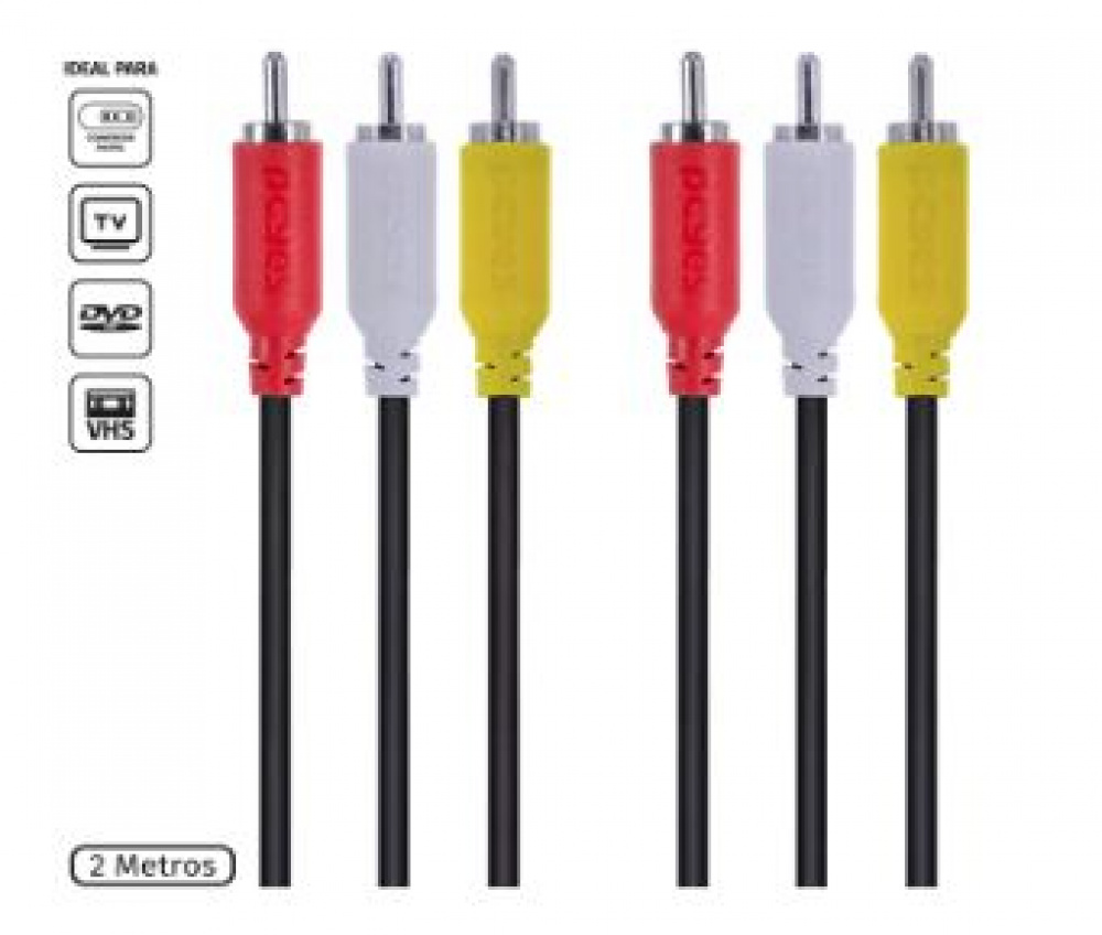 Cabo de Video 3 RCA Macho 2 Metros - P3R-2 - Mcc Soluções
