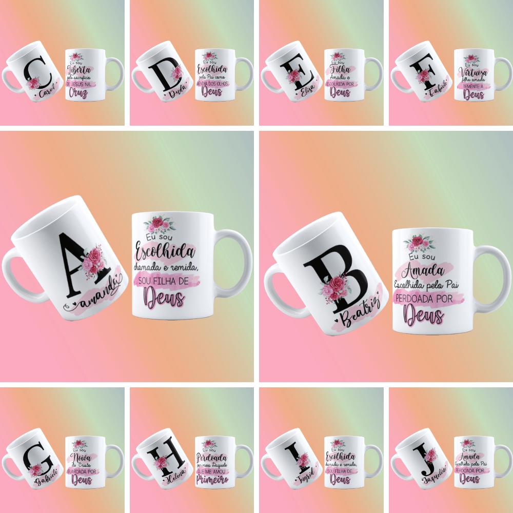 Arte Digital para Canecas Nomes Alfabeto Floral Feminino Sublimação ...