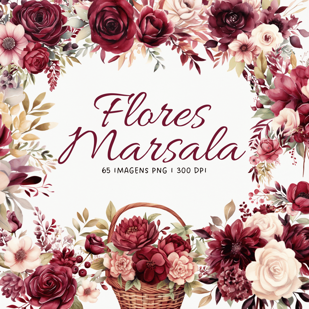 Kit Digital Flores Marsala em PNG - Multiprodutos Digitais