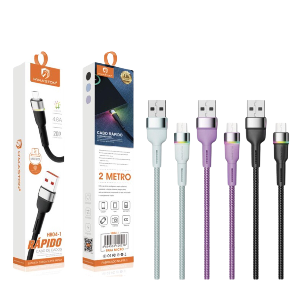 Cabo de Carregador Revestido Micro V-8 4.8A Com Led 200cm HB04-1 ...