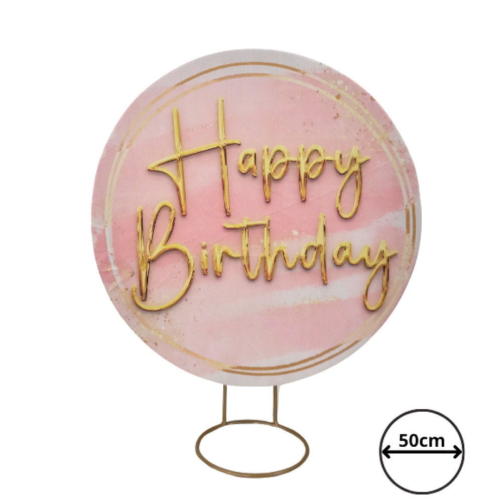 Painel Redondo 50cm Happy birthday Dourado e Rosa - Pegue e Monte Fácil