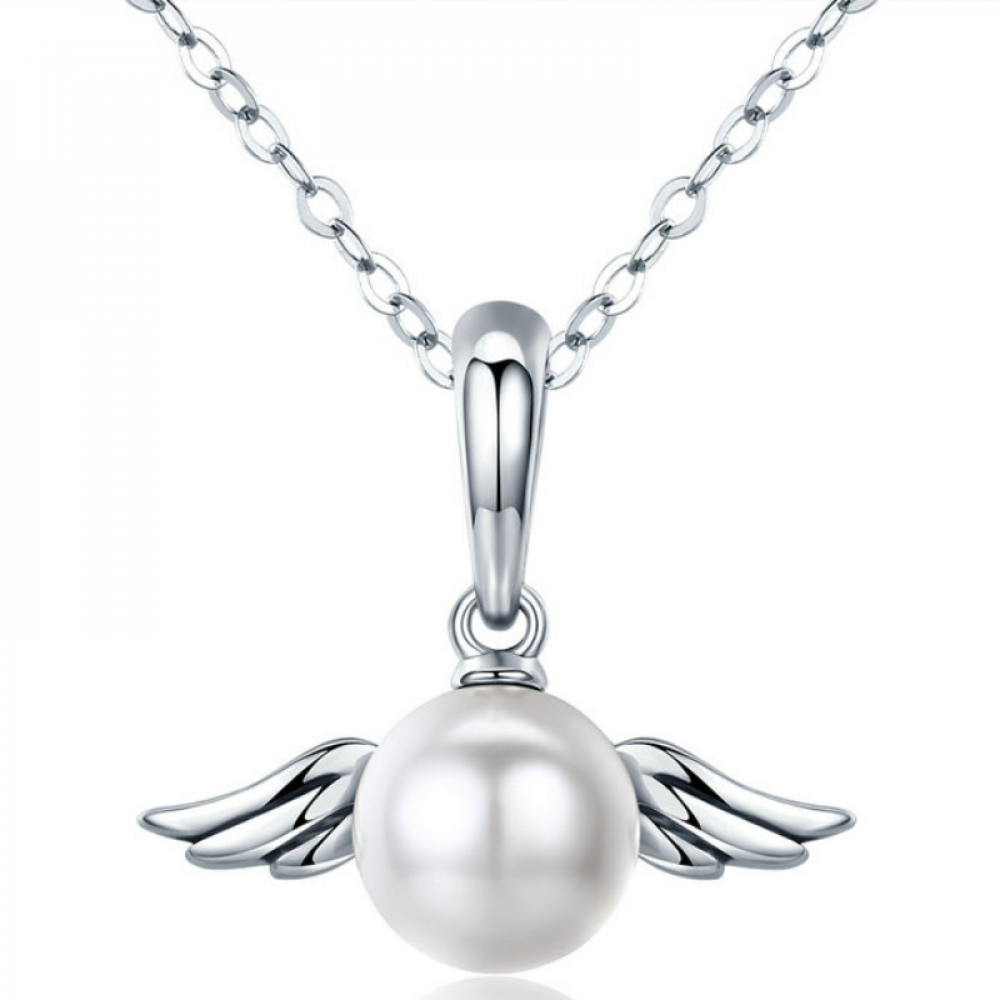 Colar Pérola com Asas Todo em Prata 925 - Pequena Joia