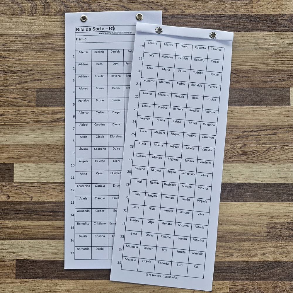 Cartela de Rifa com 175 Nomes misturados (35 fileiras) - 1 ou mais gan ...