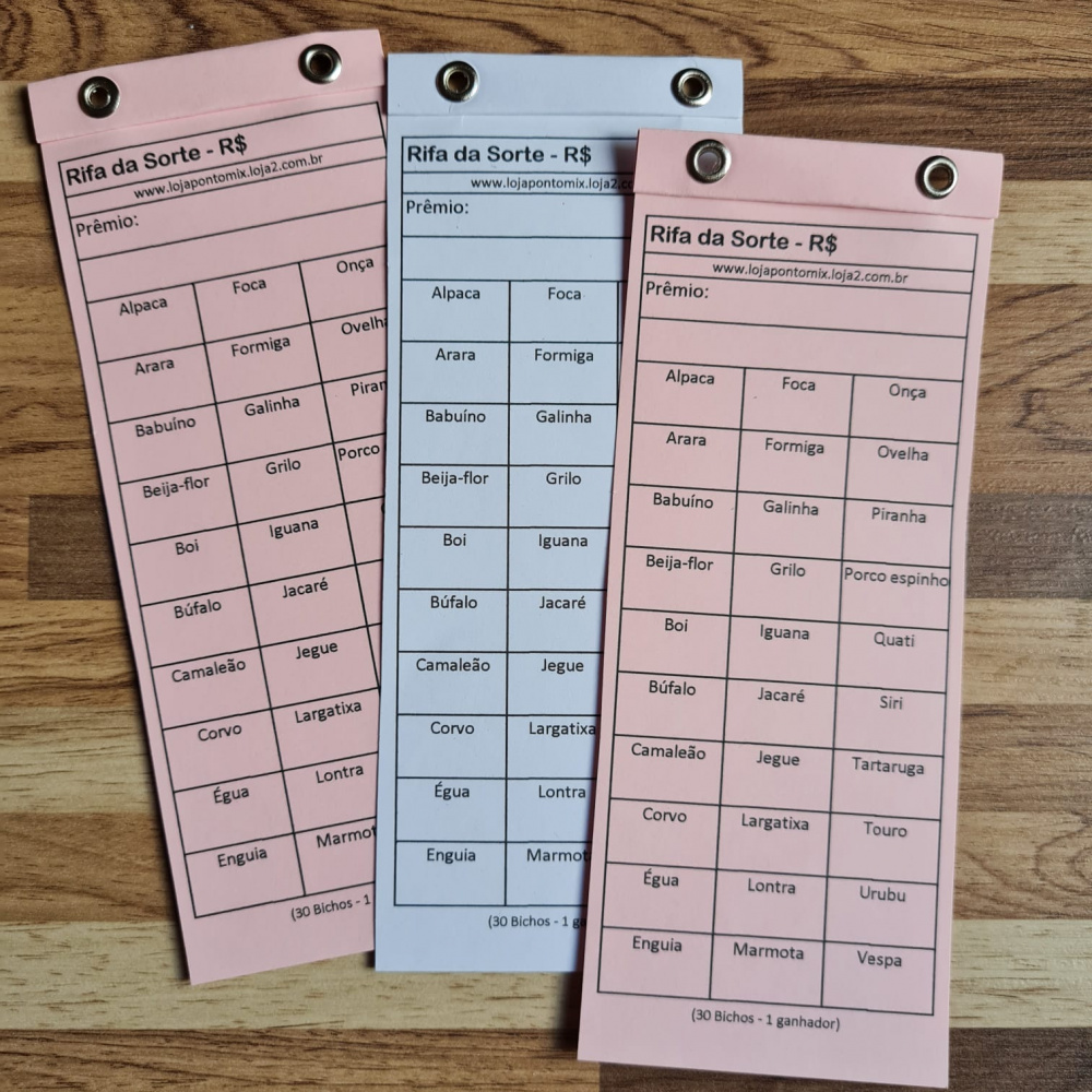 Cartela de Rifa com 30 Bichos (nomes) - 1 ganhador - Ponto Mix Cartelas