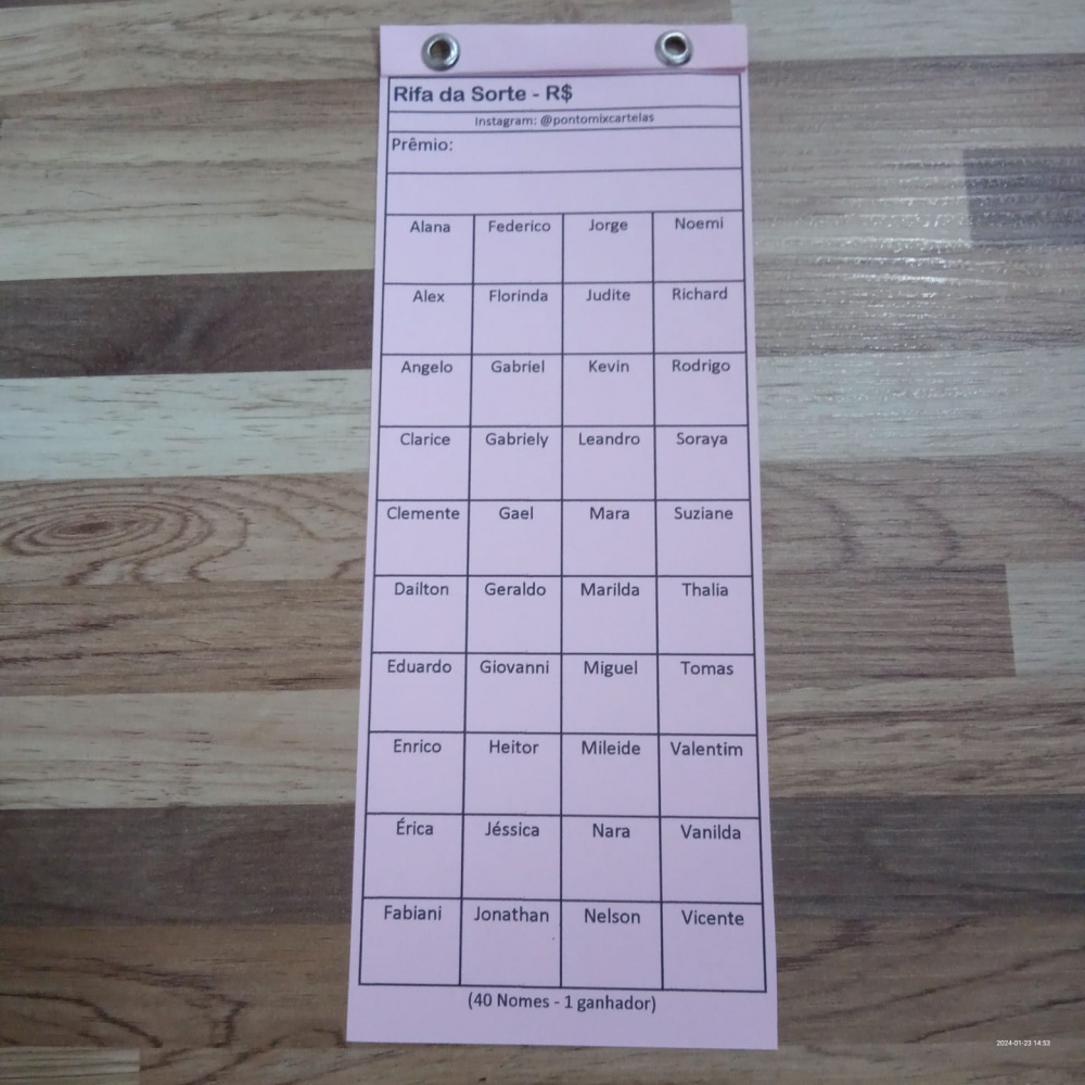 Cartela de Rifa com 40 Nomes - 1 ganhador - Ponto Mix Cartelas