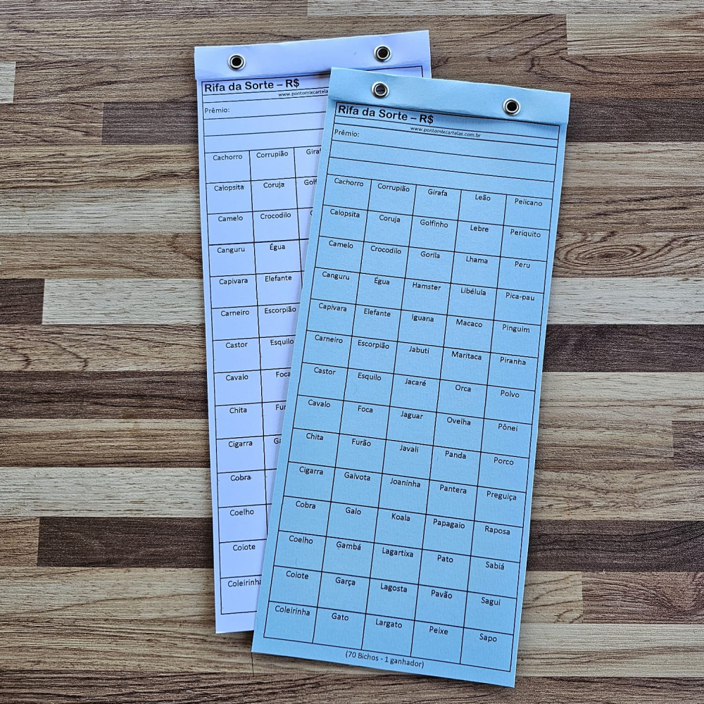 Cartela de Rifa com 70 Bichos (nomes) - 1 ou até 4 ganhadores - Frente ...