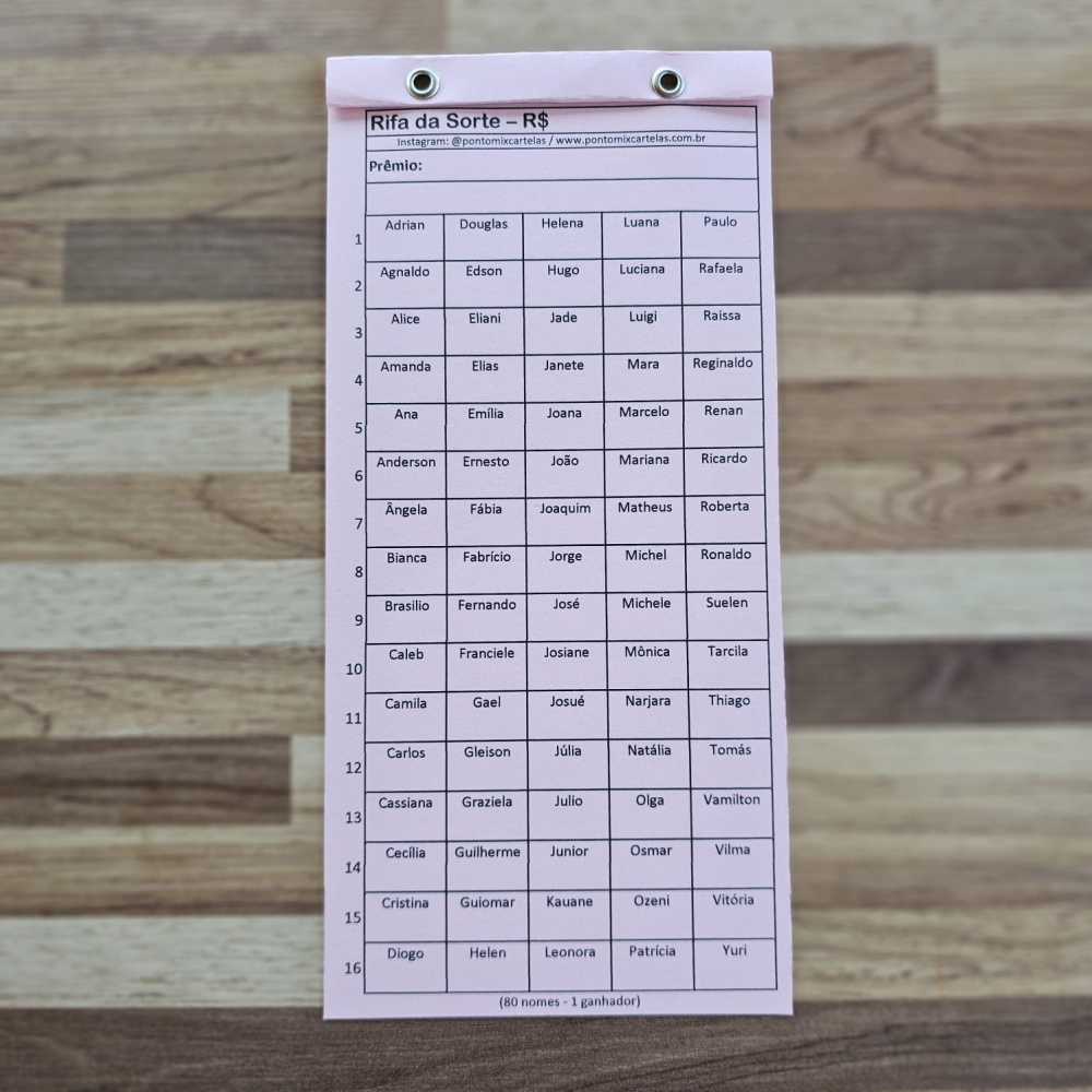 Cartela de Rifa com 80 Nomes (16 fileiras) - com 1 ou mais ganhadores ...