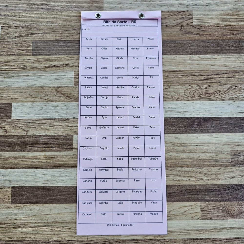 Cartela de Rifa com 90 Bichos (nomes) - 1 ou até 4 ganhadores - Frente ...