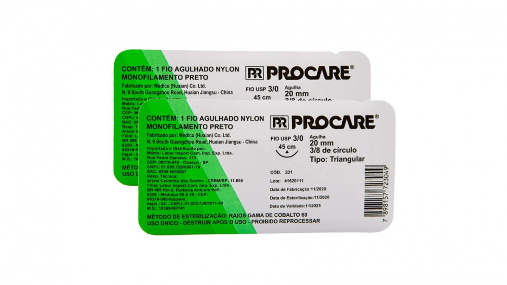 Par de fios de sutura Nylon 45 3-0 45 cm - Pratique Sutura