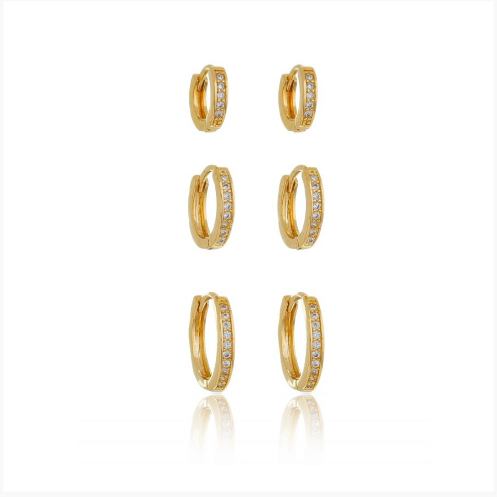 Brincos Trio de Argola Banhados a Ouro 18k com Zircônia - Elegância e ...