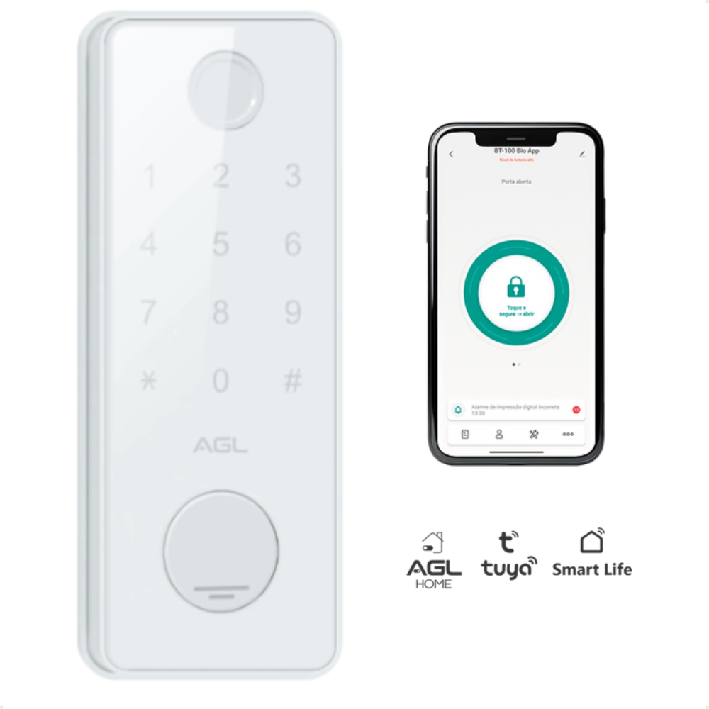 Fechadura Digital BT-100 Bio AGL Branca Tuya Bluetooth - Smart Magenta