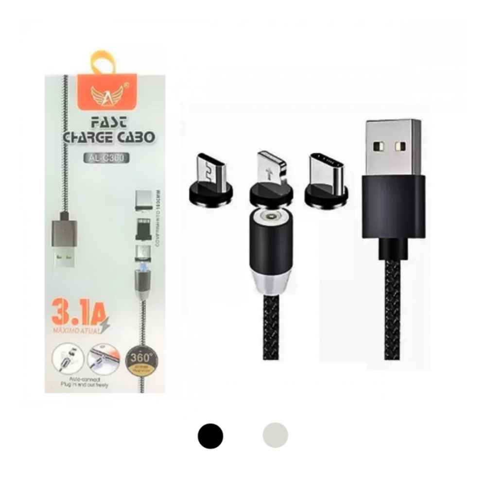 Cabo Carregador Magnético 3 Em 1 / V8 TIPO-C Lightning IOS Magnético 3.1A Altomex AL-C360 ...