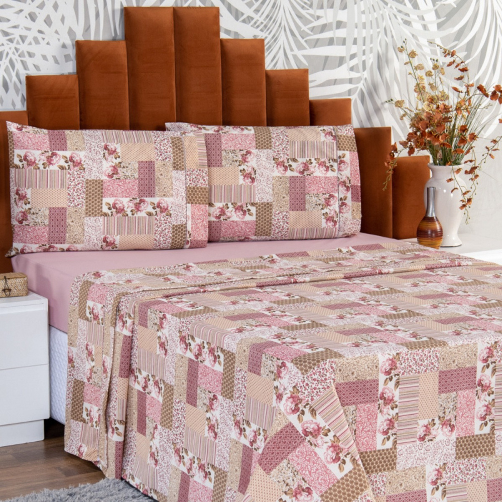 Kit 2 Fronhas 50x90cm Percal 180 Fios 100% Algodão Ponto Palito - Patchwork Rosê - Sonho Enxovais
