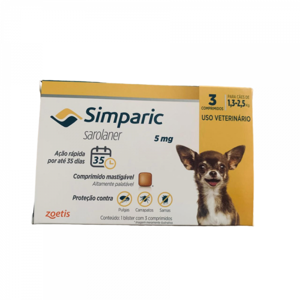 Antipulgas Simparic 5mg Para Cães 1,3 a 2,5kg - supersmartshop