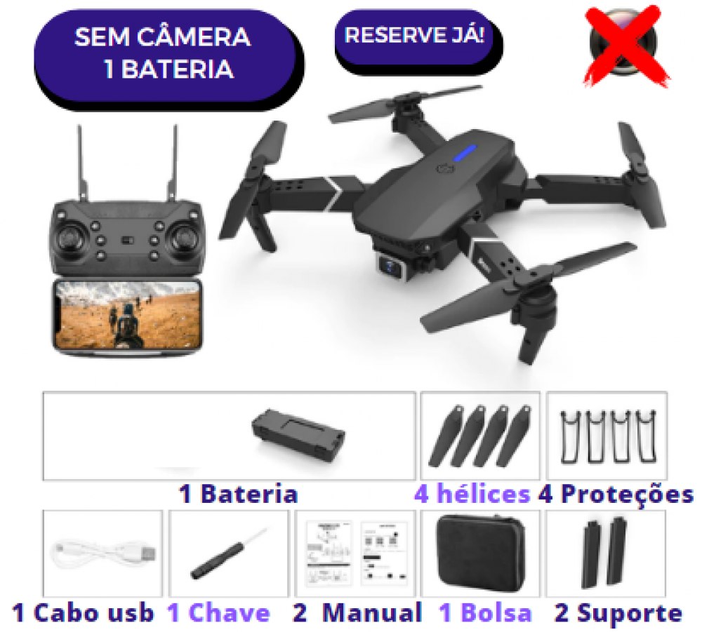 Mini drone E88 wi-fi , fotos e vídeos, transmissão em tempo real pelo ...