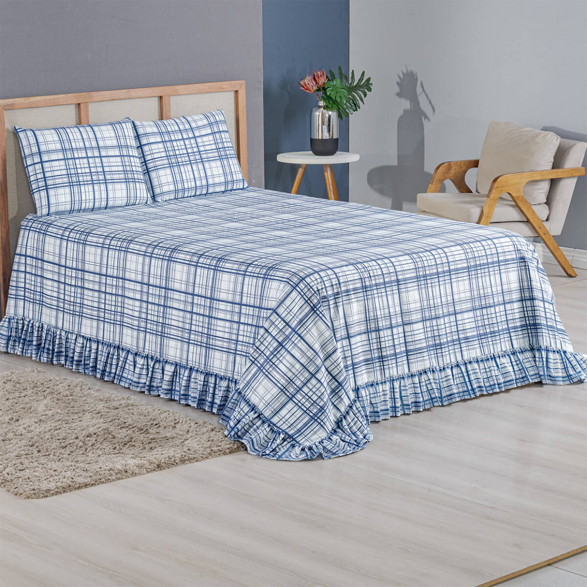 Colcha CASAL - 200 Fios - Toque Aveludado - 3 Pçs - Nexo - Azul ...
