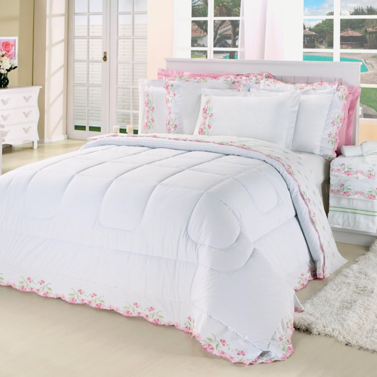 Kit Edredom Casal King Emozione 5 Peças Bordado 100% Algodão 200 Fios ...