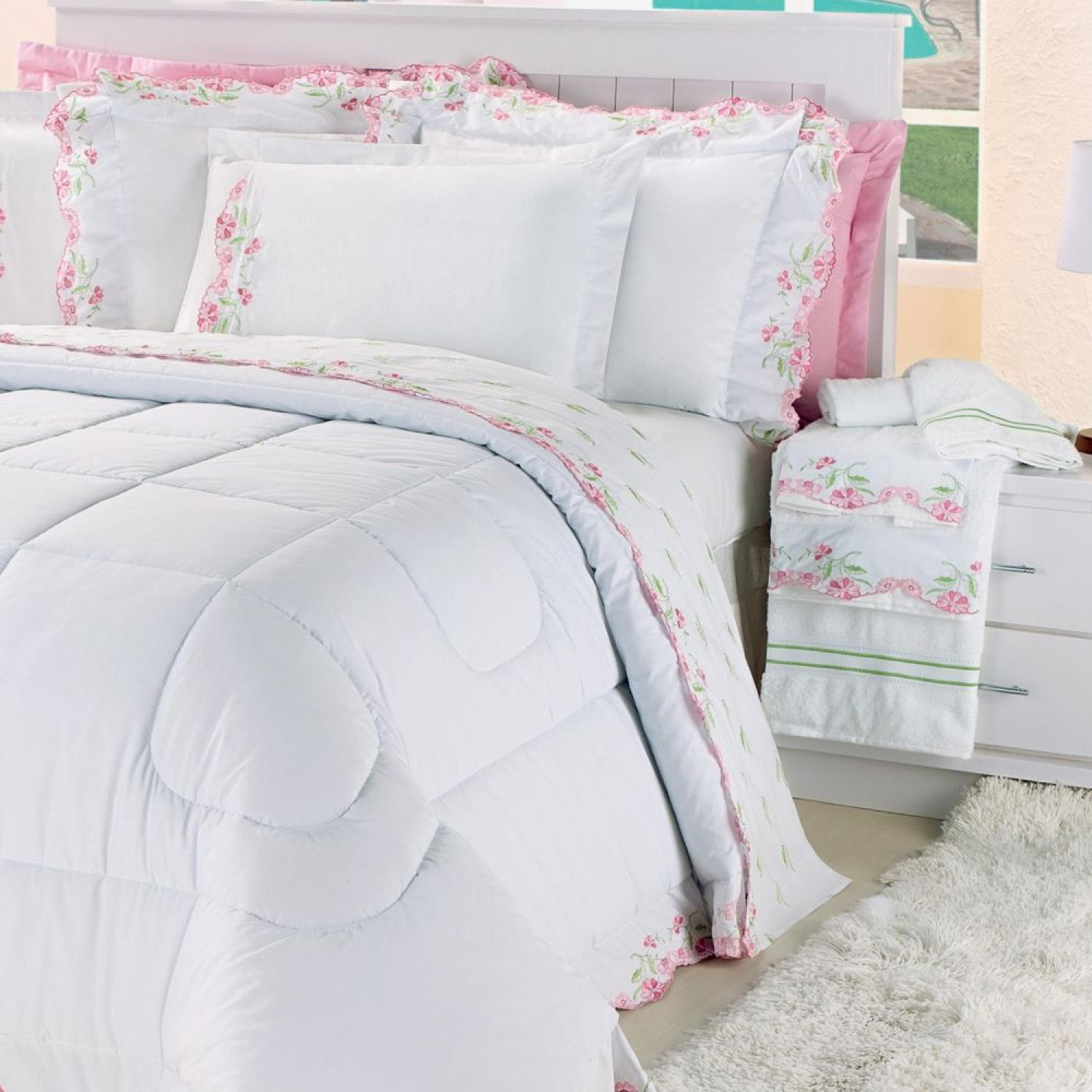 Kit Edredom Casal King Emozione 5 Peças Bordado 100% Algodão 200 Fios ...