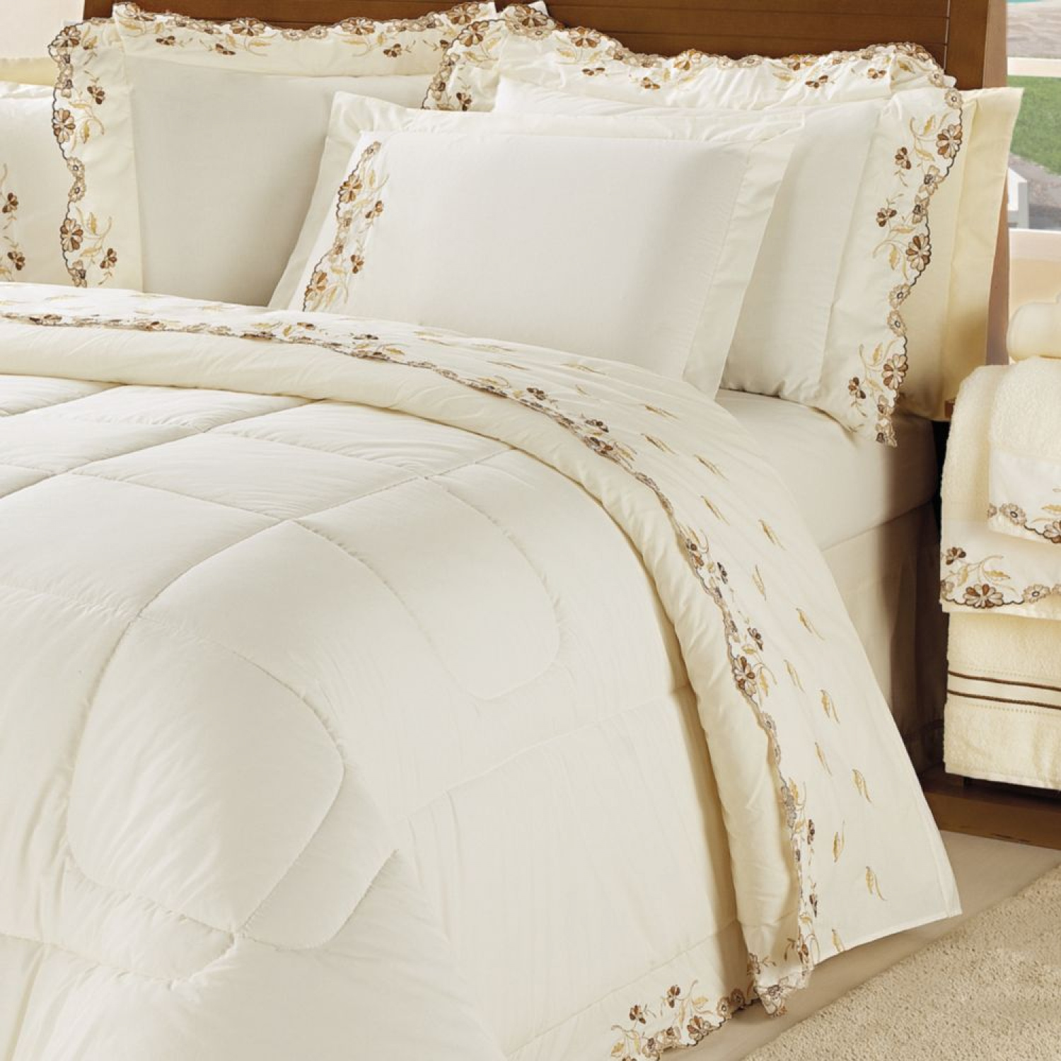 Kit Edredom Casal King Emozione 5 Peças Bordado 100% Algodão 200 Fios ...