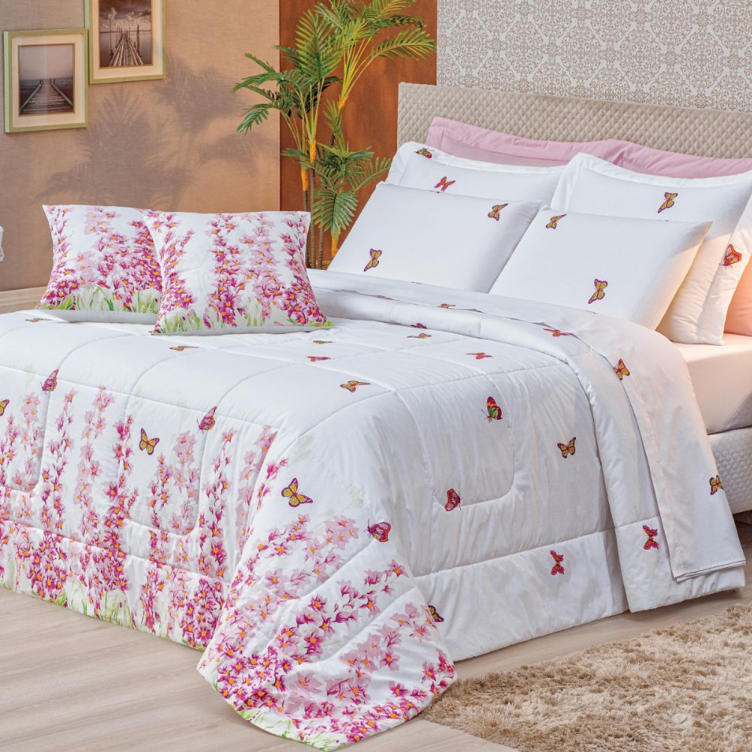 Kit Edredom Casal Queen Craft 5 Peças 100% Algodão 200 Fios Borboletas ...